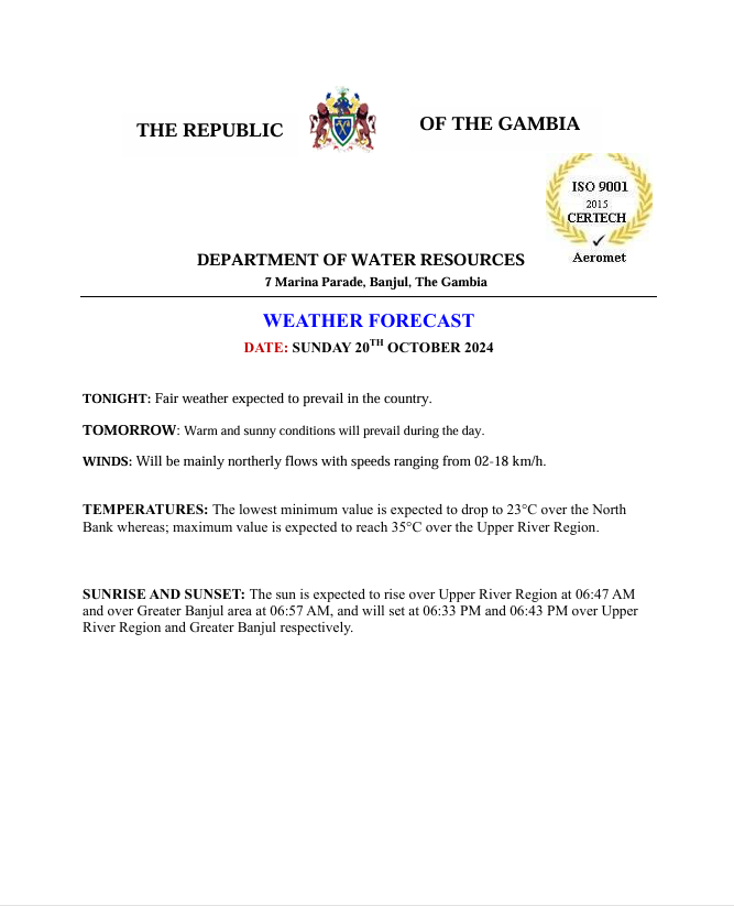 Daily Weather Forecast 20/10/2024