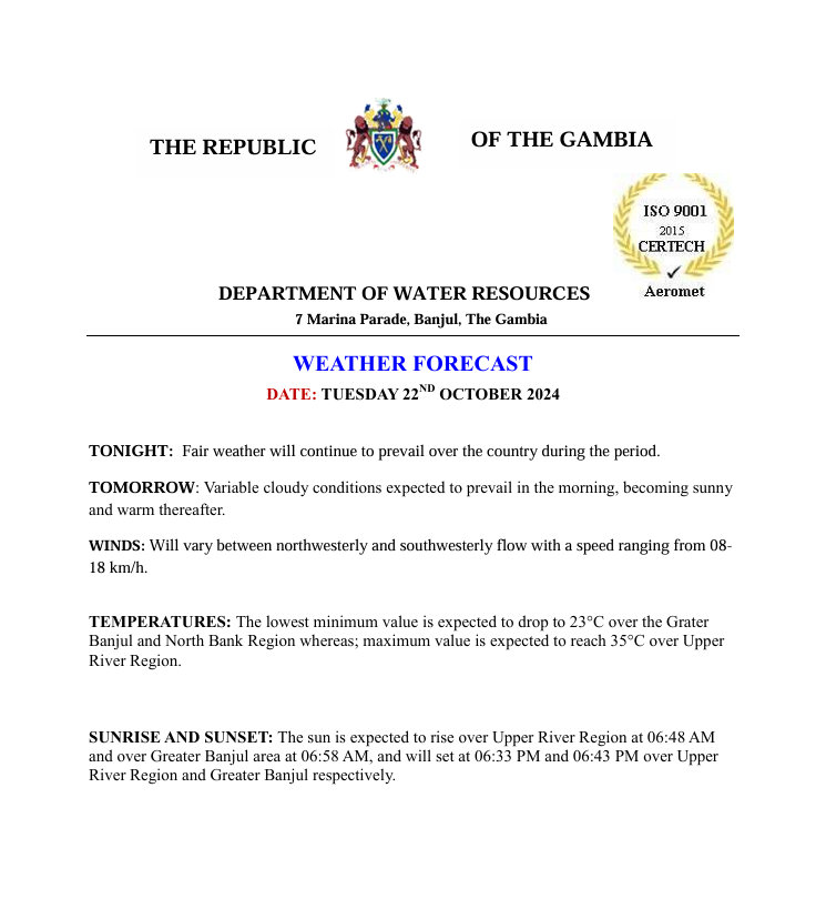 Daily Weather Forecast 22/10/2024