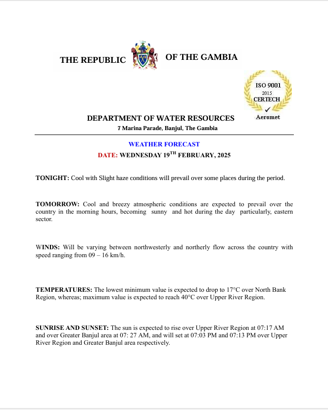 Daily Weather Forecast 19/02/2025