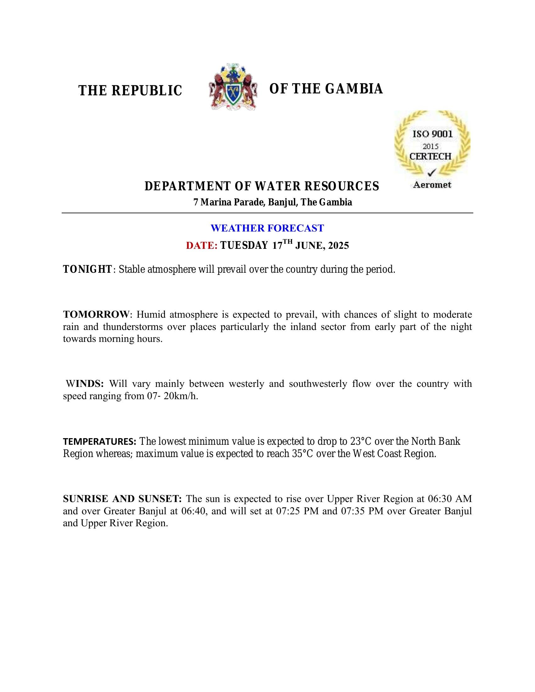 Daily Weather Forecast 17/06/2025